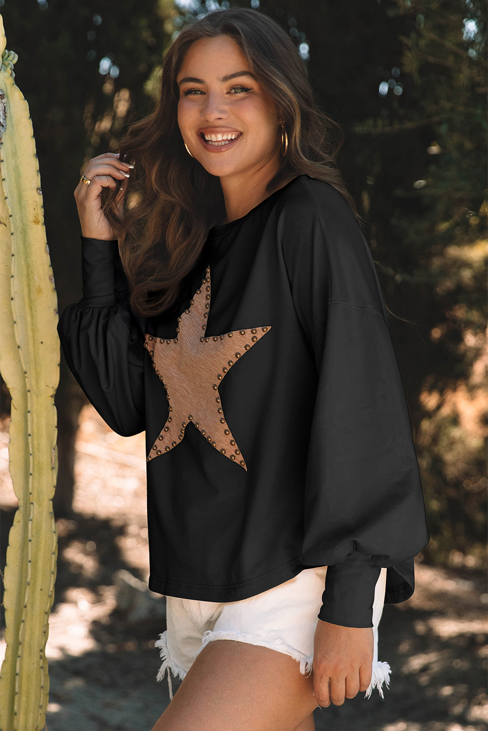 $7.75 Black Studded Star Graphic Oversized Long Sleeve Top Wholesale
