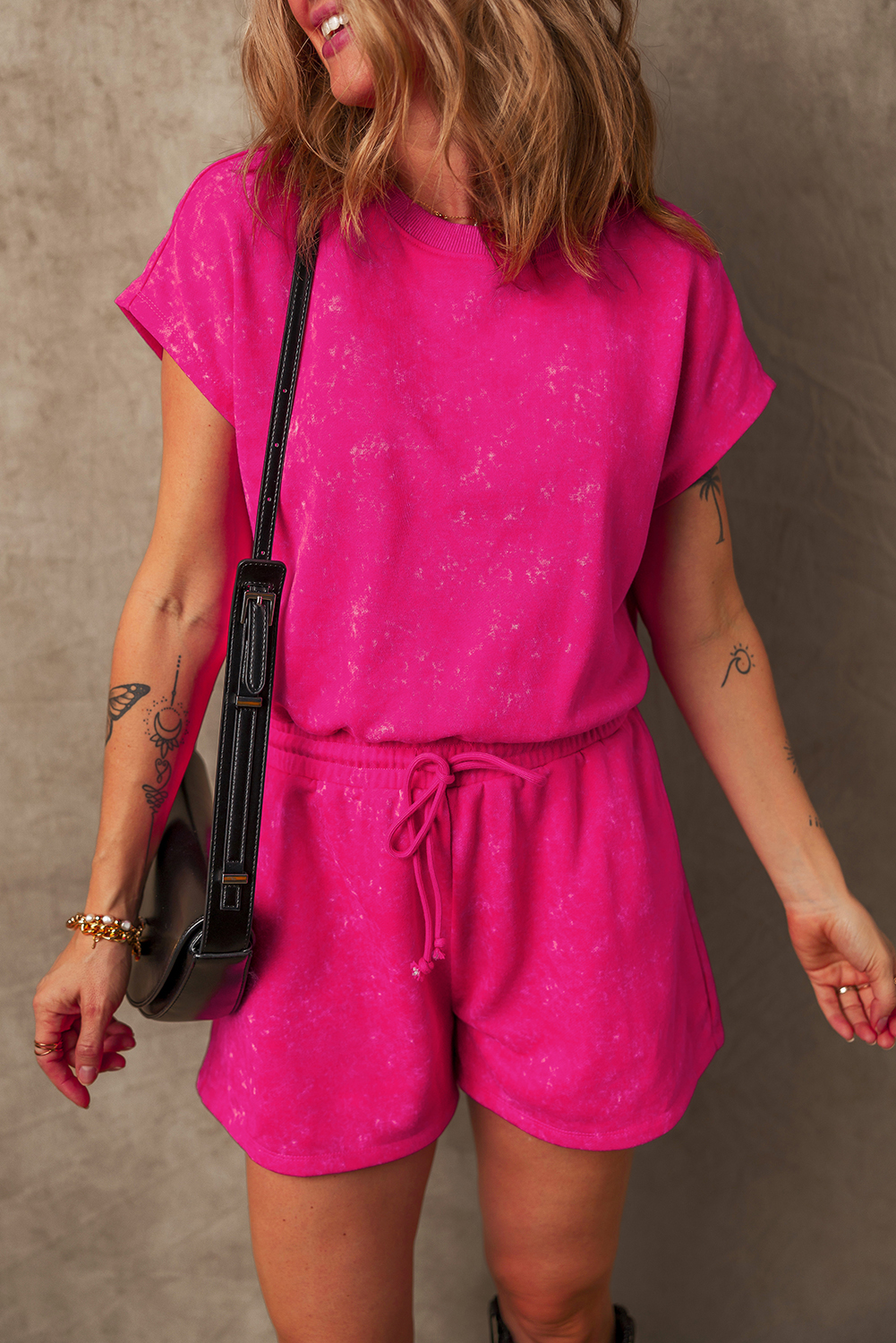 $11.2 Rose Red Mineral Wash Drawstring Waist Hollow Out Back Short ...