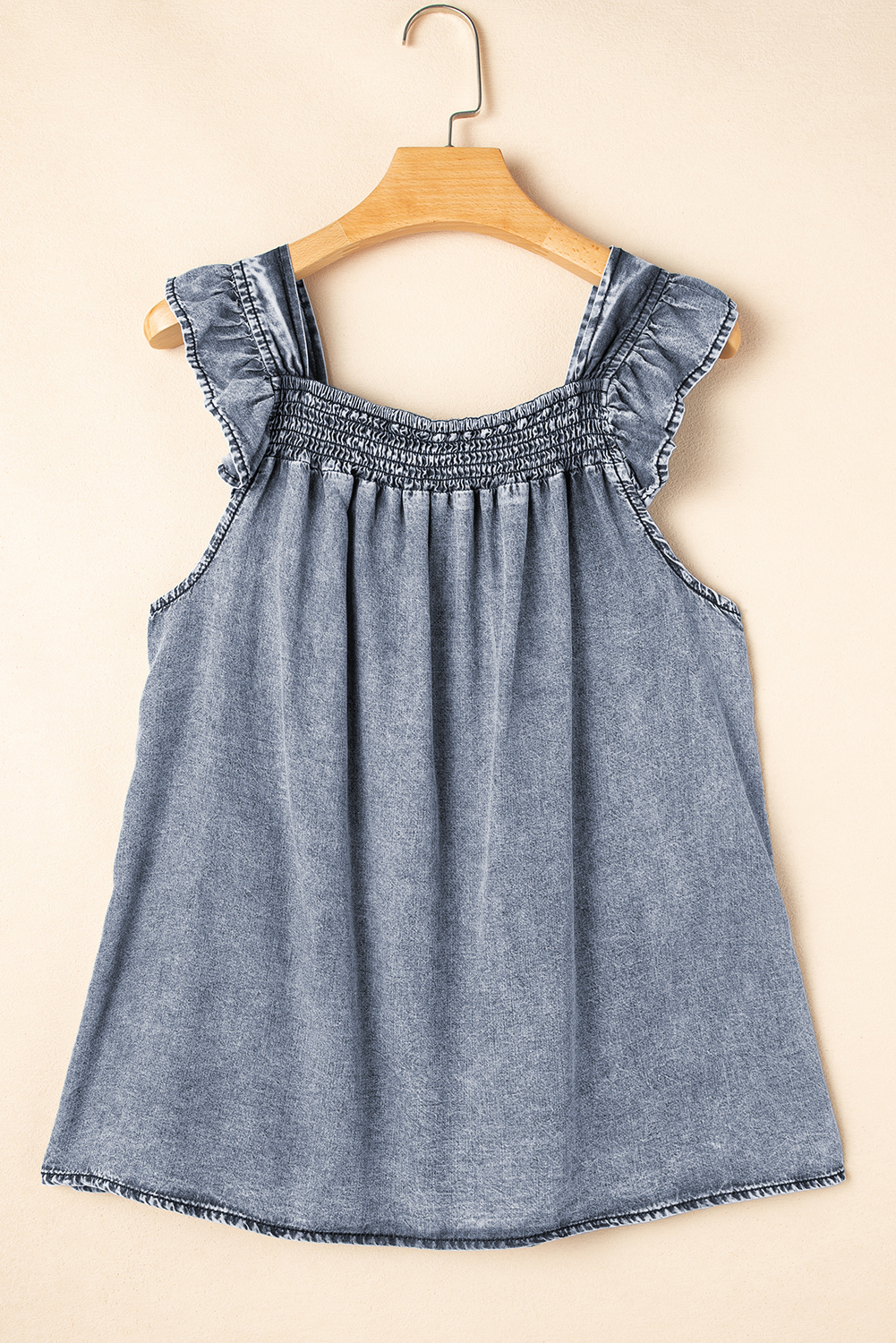 $8.75 Ashleigh Blue Ruffled Shirred Neckline Sleeveless Denim Tank Top ...