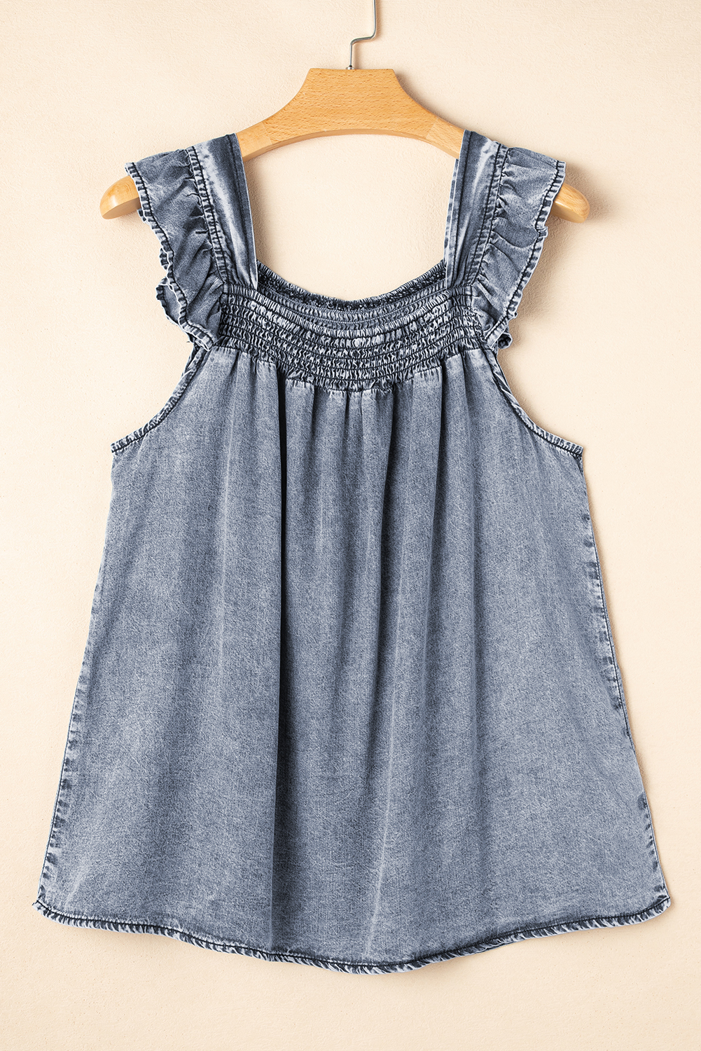 $8.75 Ashleigh Blue Ruffled Shirred Neckline Sleeveless Denim Tank Top ...