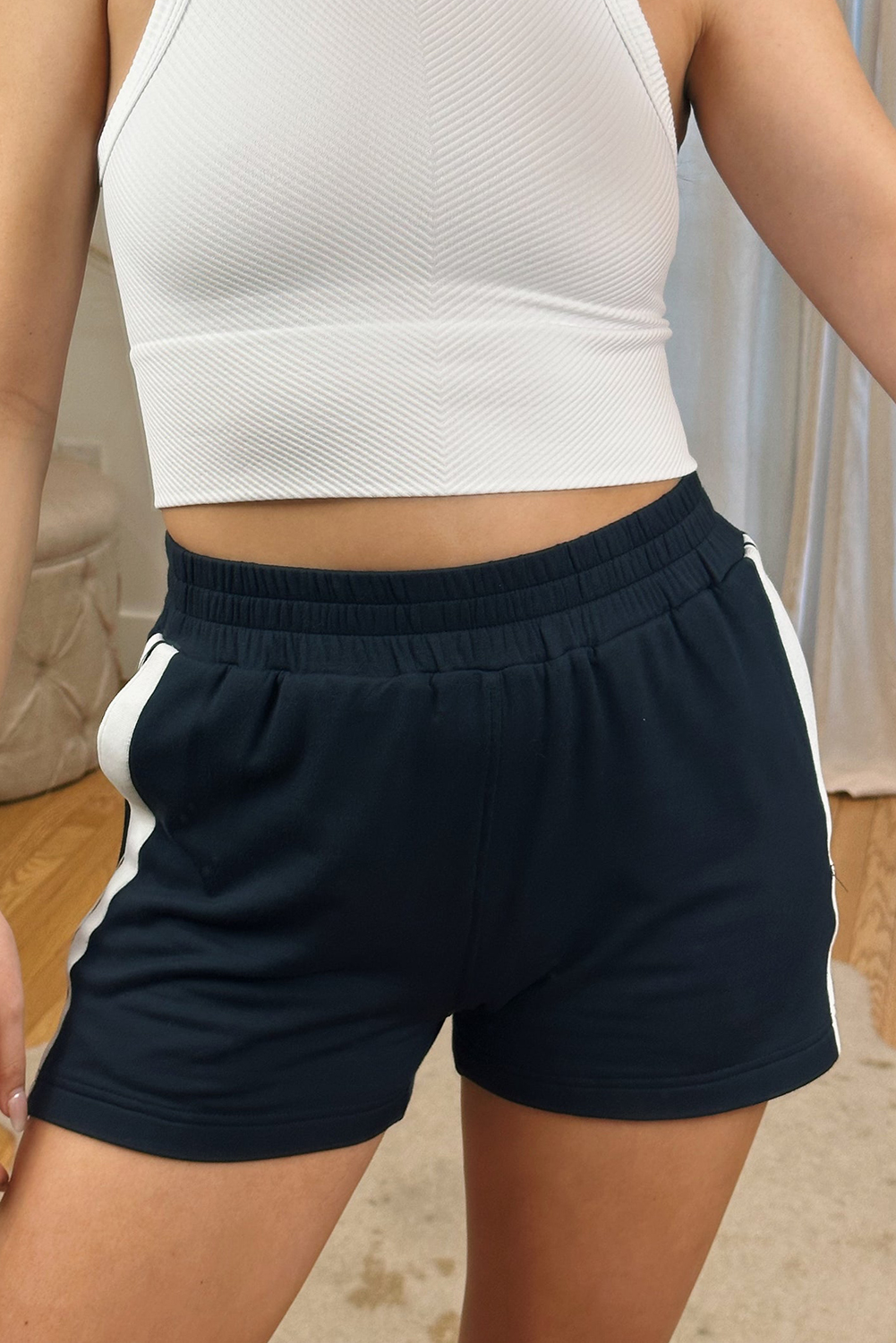 $4.59 Navy Blue Varsity Striped Detail Pocketed Running Shorts Wholesale