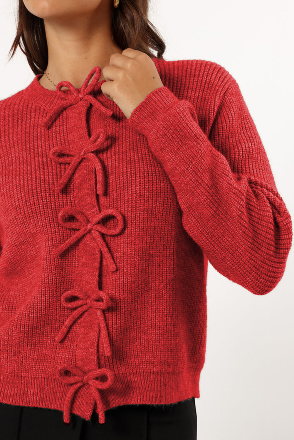 $10.65 Fiery Red Ribbed Knit Bow Front Buttoned Cardigan Wholesale