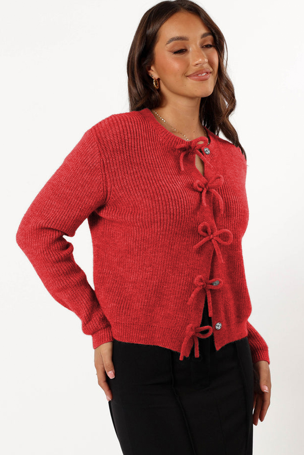 $10.65 Fiery Red Ribbed Knit Bow Front Buttoned Cardigan Wholesale