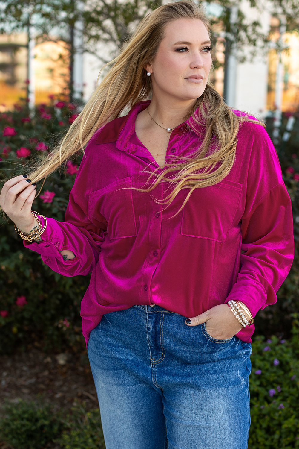 $10.6 Bright Pink Plus Size Velvet Chest Pocket Drop Shoulder Shirt ...