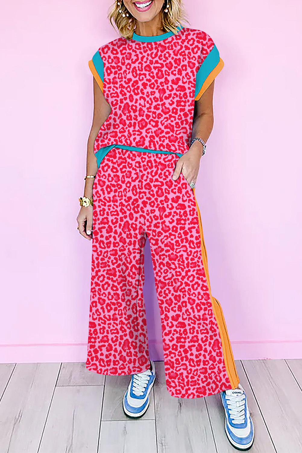 $9.29 Pink Leopard Colorblock Edge Short Sleeve 2 Pcs Wide Leg Pants ...