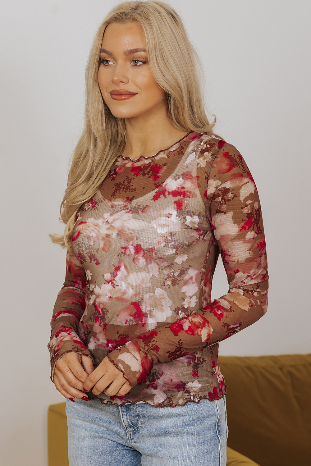 $3.98 Red Floral Print Sheer Mesh Long Sleeve Top Wholesale