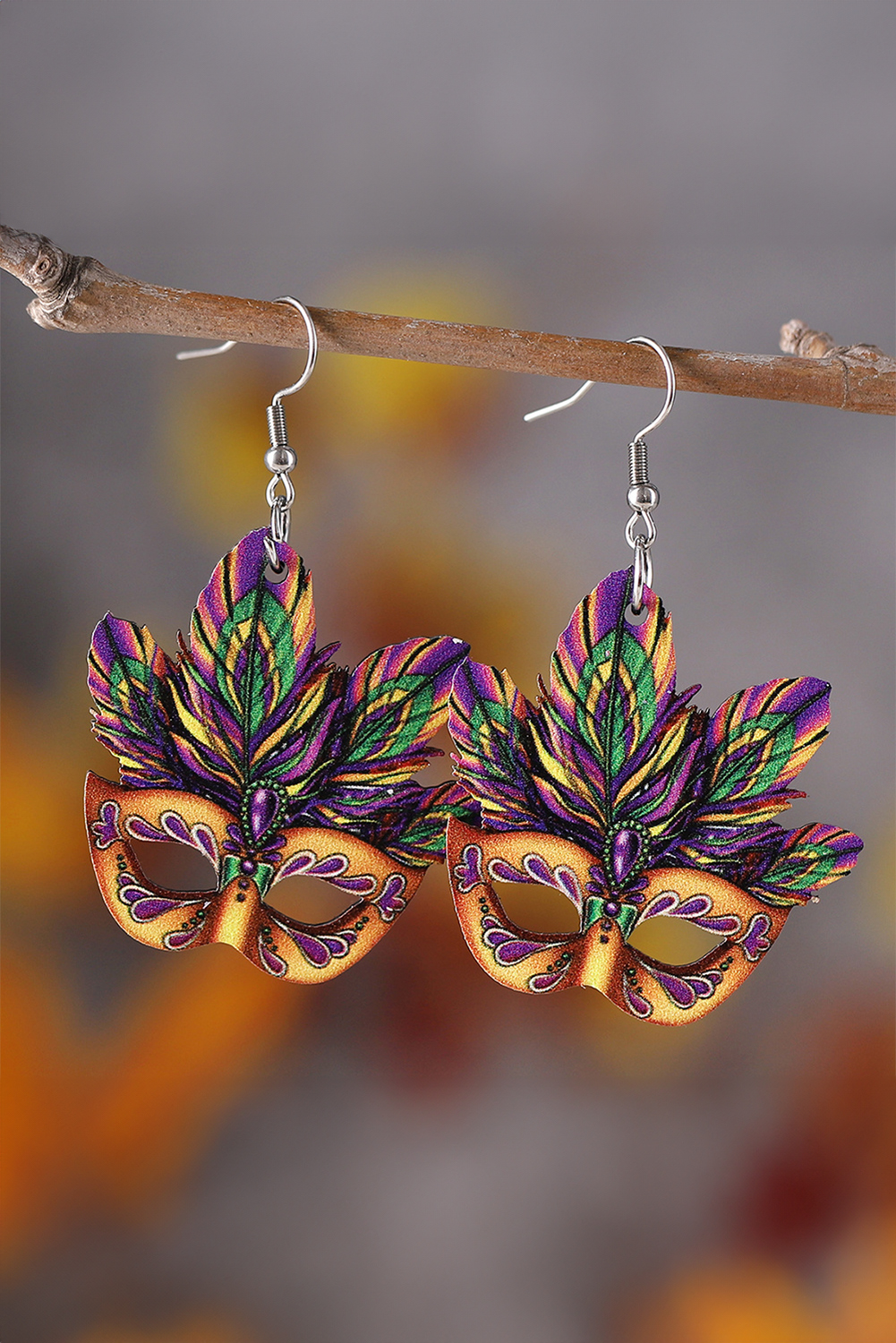 $0.98 Meadow Mauve Mardi Gras Mask Dangle Hook Earrings Wholesale