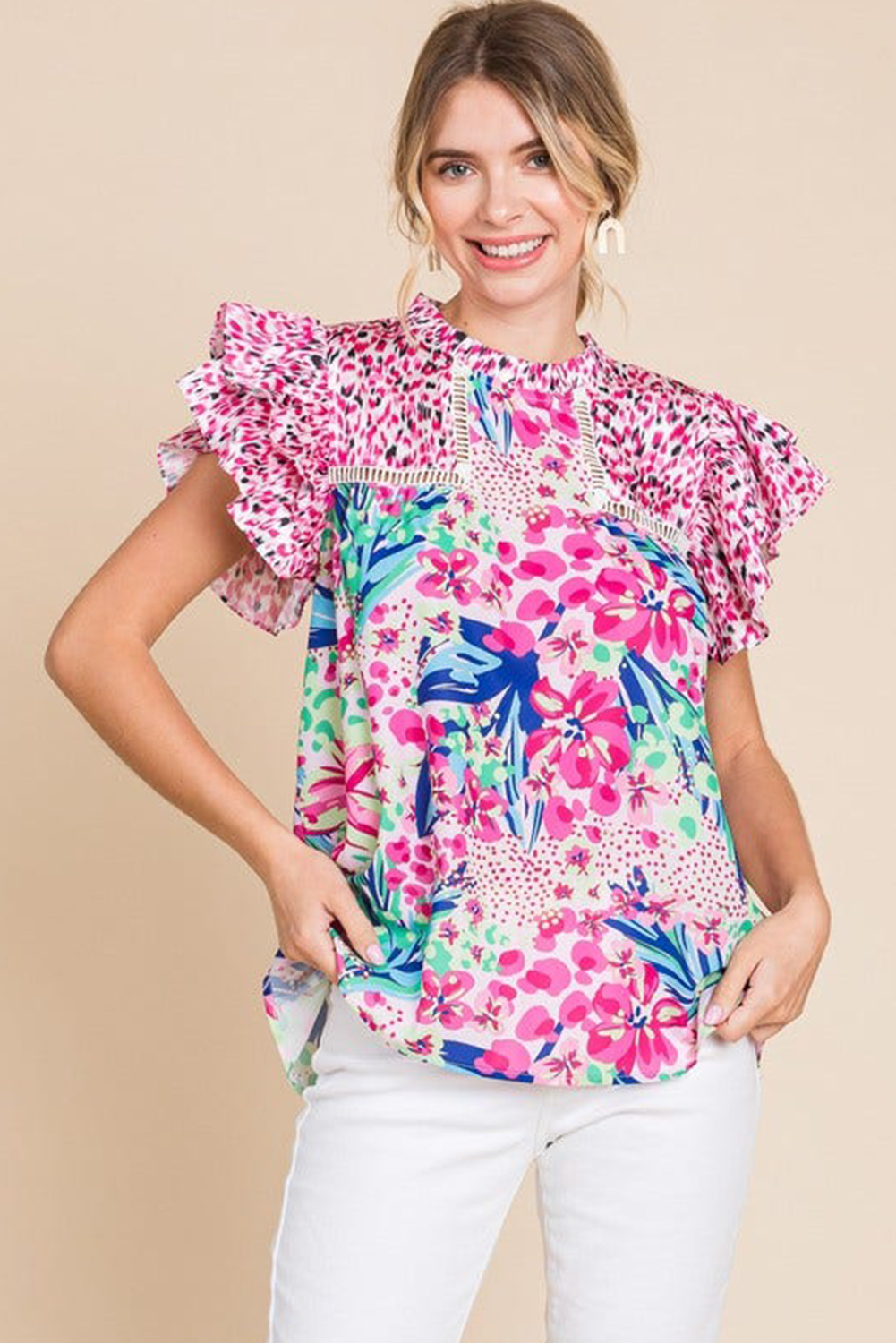$7.05 Pink Floral Mixed Print Ruffle Cap Sleeve Blouse Wholesale
