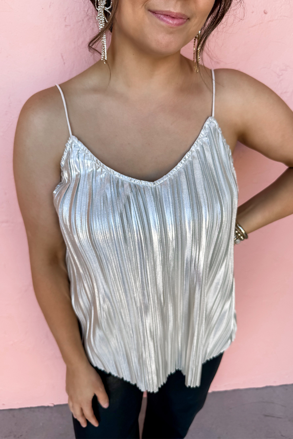 $5.29 Silvery Finding My Way Pleated Metallic Cami Top Wholesale