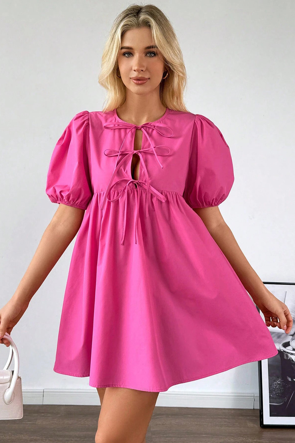 $11.75 Bright Pink Solid Color Puff Sleeve Tie Front High Waist Mini ...