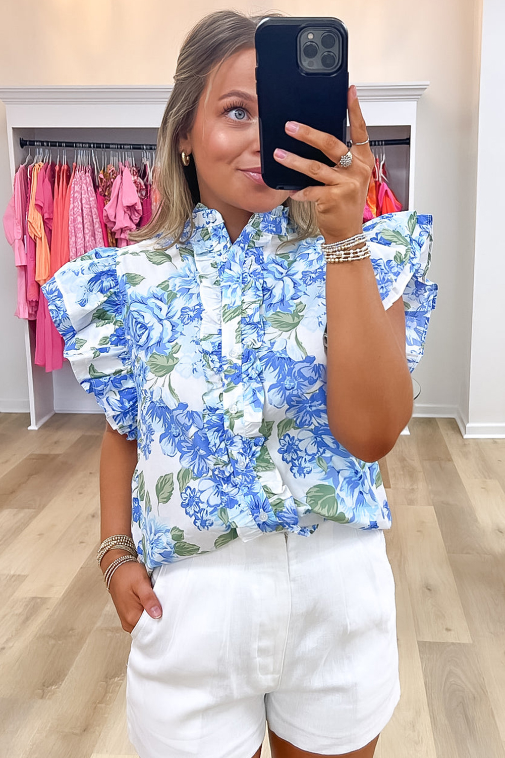 $7.85 Sky Blue Floral Print Ruffle Sleeve Frilly Button Up Shirt Wholesale