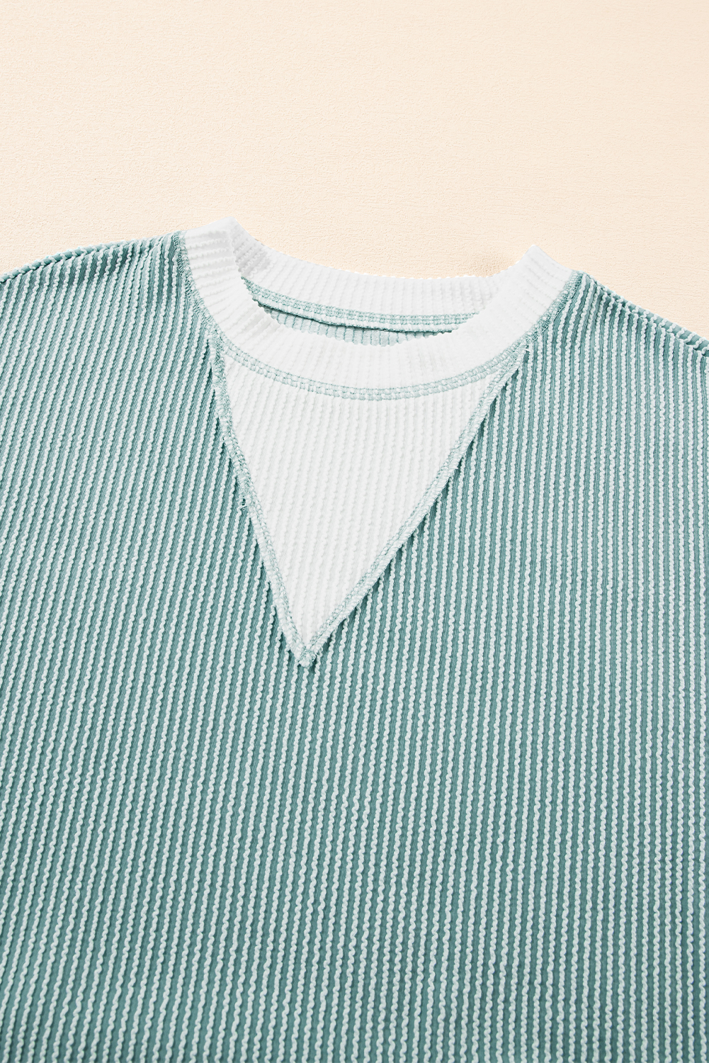 $7.8 Light Blue Corded Colorblock Drop Shoulder Loose Top Wholesale