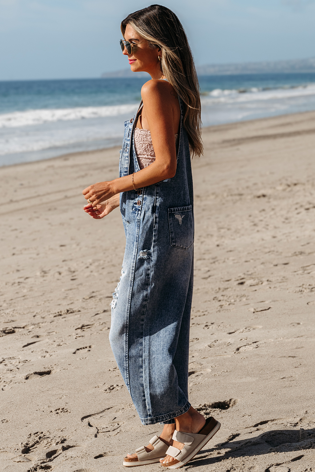 $14.5 Stone Blue Distressed Bib Pocket Wide Leg Denim Overall Wholesale