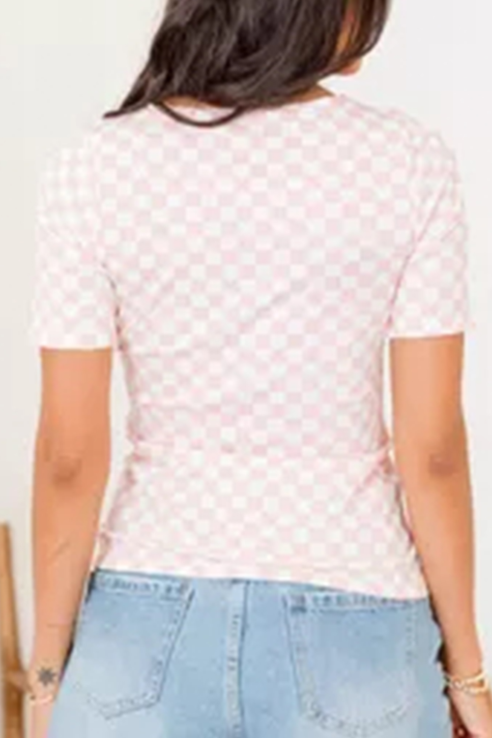 $3.45 Pink Checkered Ribbed Slim Fit Crew Neck T Shirt Wholesale