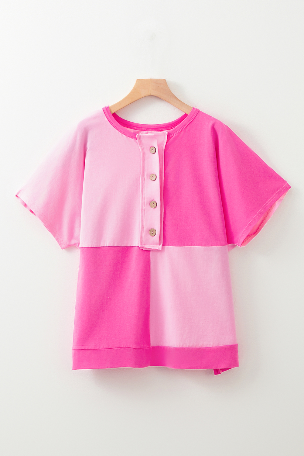 $6.35 Bright Pink Colorblock Patchwork Short Sleeve Buttons Plus Size ...