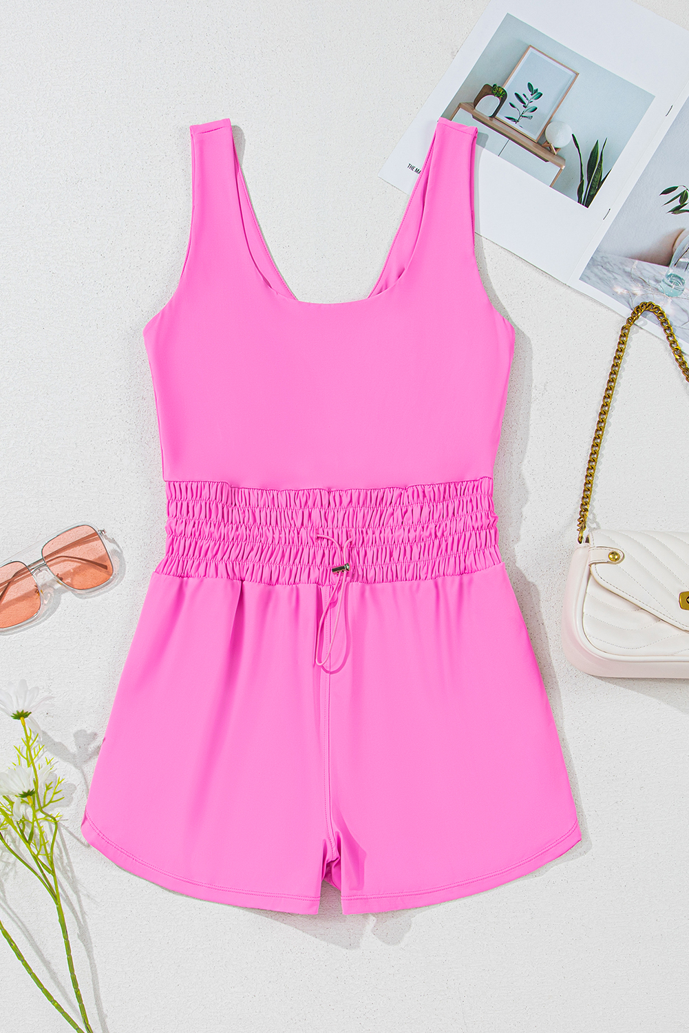 $9.45 Sachet Pink Plain Sleeveless Loop Drawstring Cinched Waist Romper ...