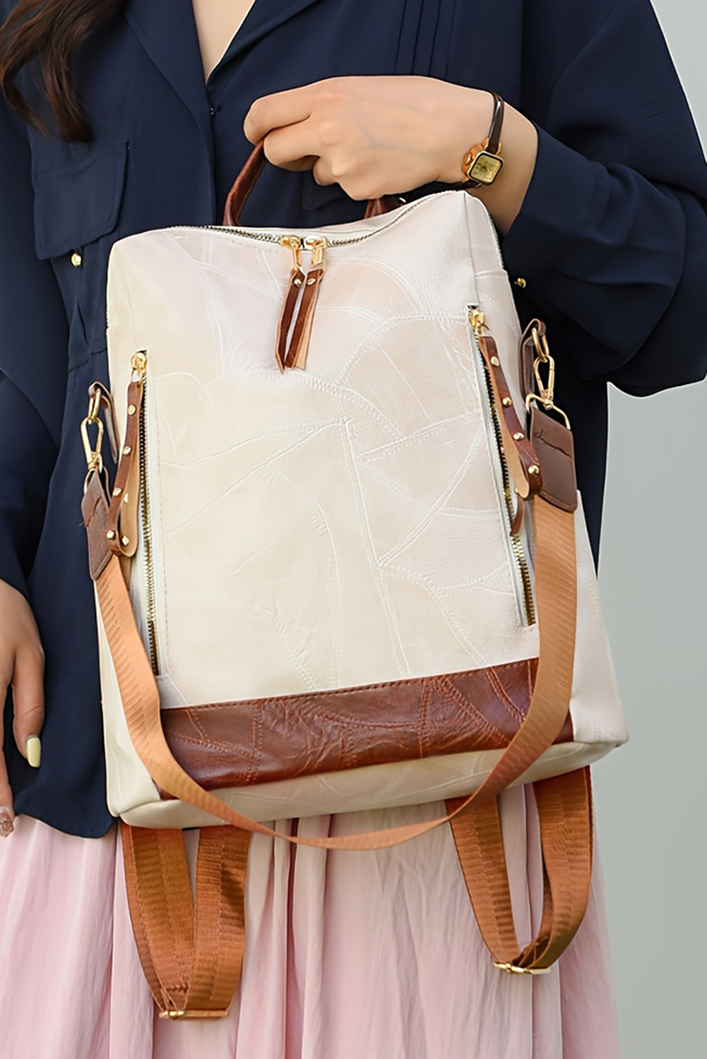$8.9 White Multi Compartment Zipper PU Leather Large Capacity Backpack ...