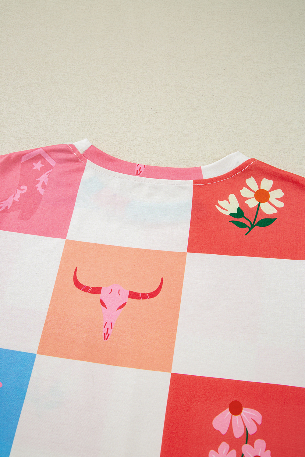 $3.7 Orange Western Fashion Checker Print Crewneck T Shirt Wholesale