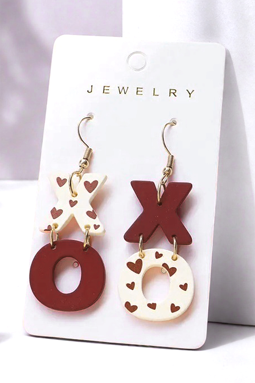 $1.98 Racing Red Heart Print XOXO Letter Dangle Hook Earrings Wholesale