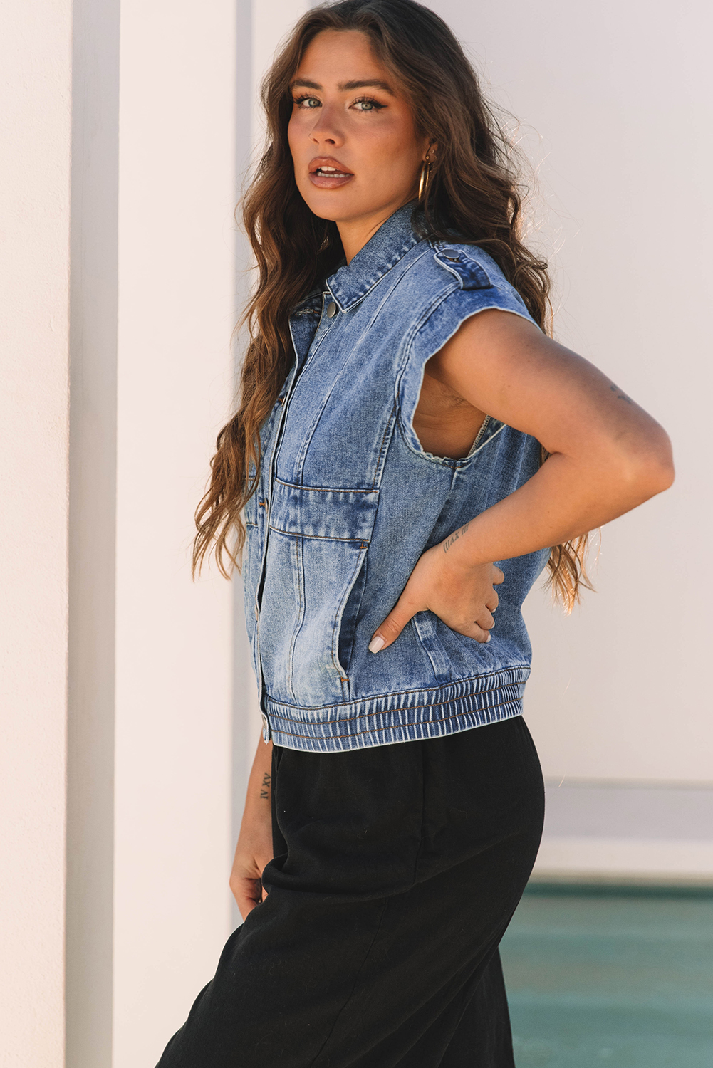 $13.25 Ashleigh Blue Acid Wash Elastic Hem Button Up Denim Vest Wholesale