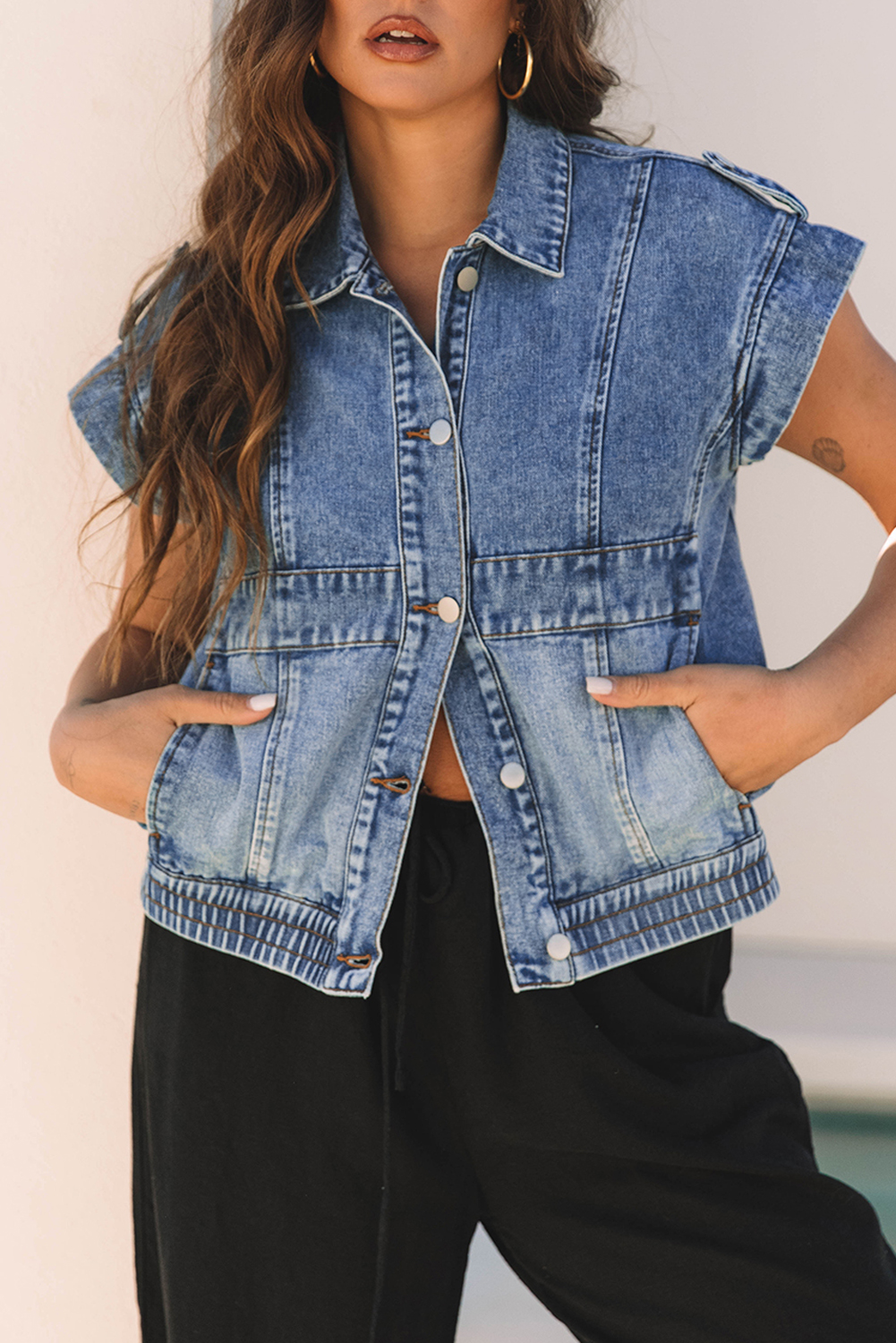 $13.25 Ashleigh Blue Acid Wash Elastic Hem Button Up Denim Vest Wholesale
