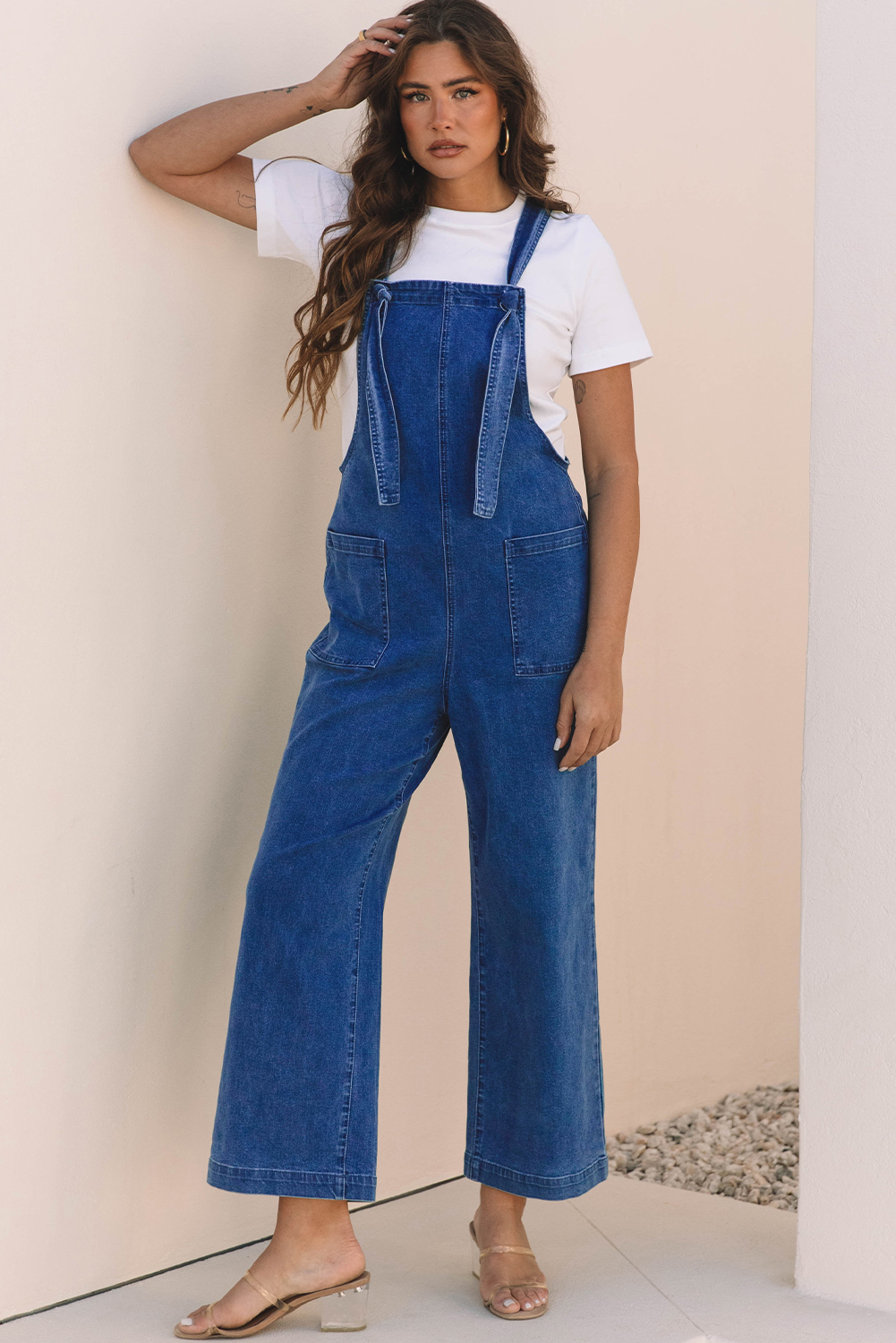 $12.4 Prussian Blue Mineral Wash Knotted Strap Patched Pocket Wide Leg ...