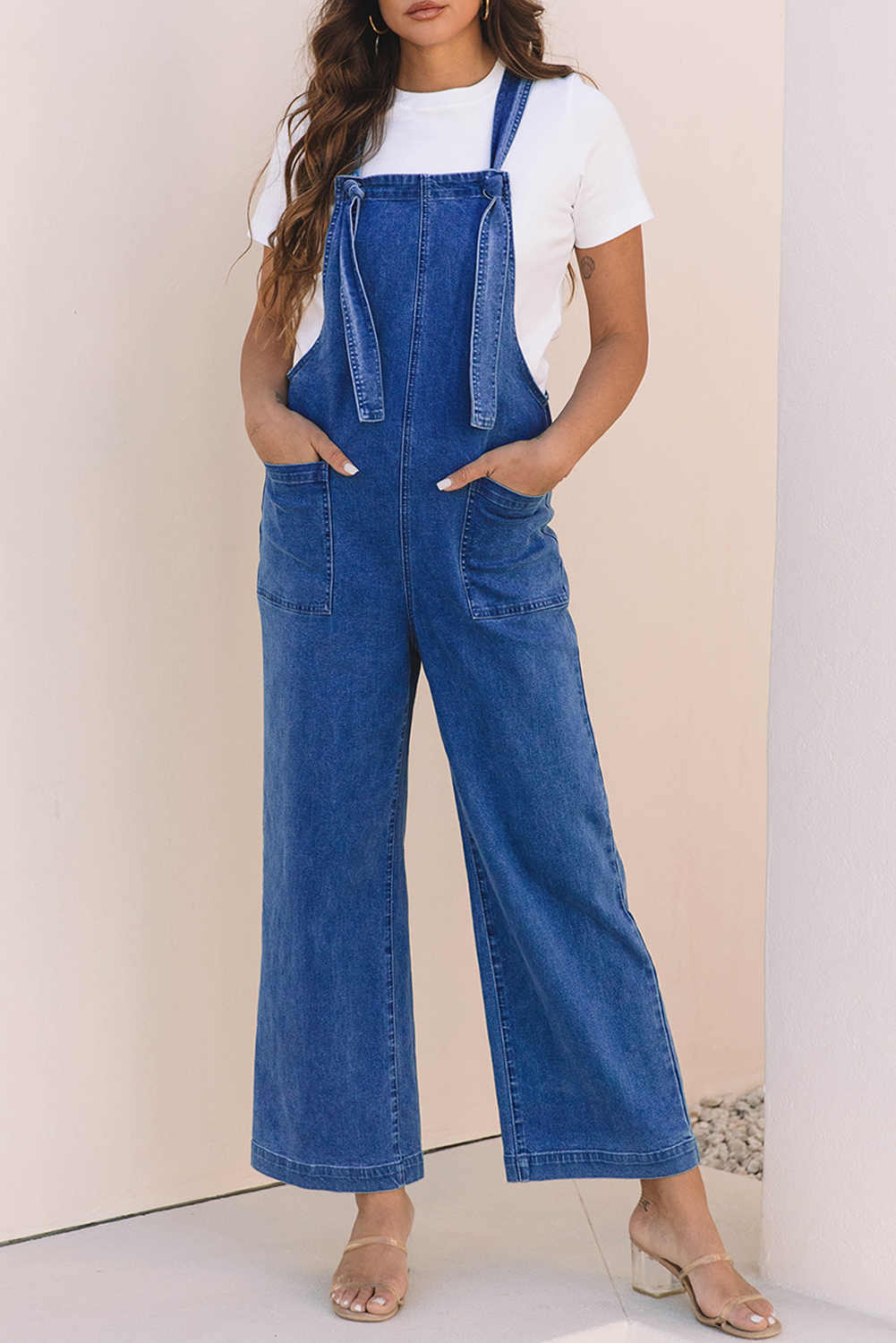 $12.4 Prussian Blue Mineral Wash Knotted Strap Patched Pocket Wide Leg ...