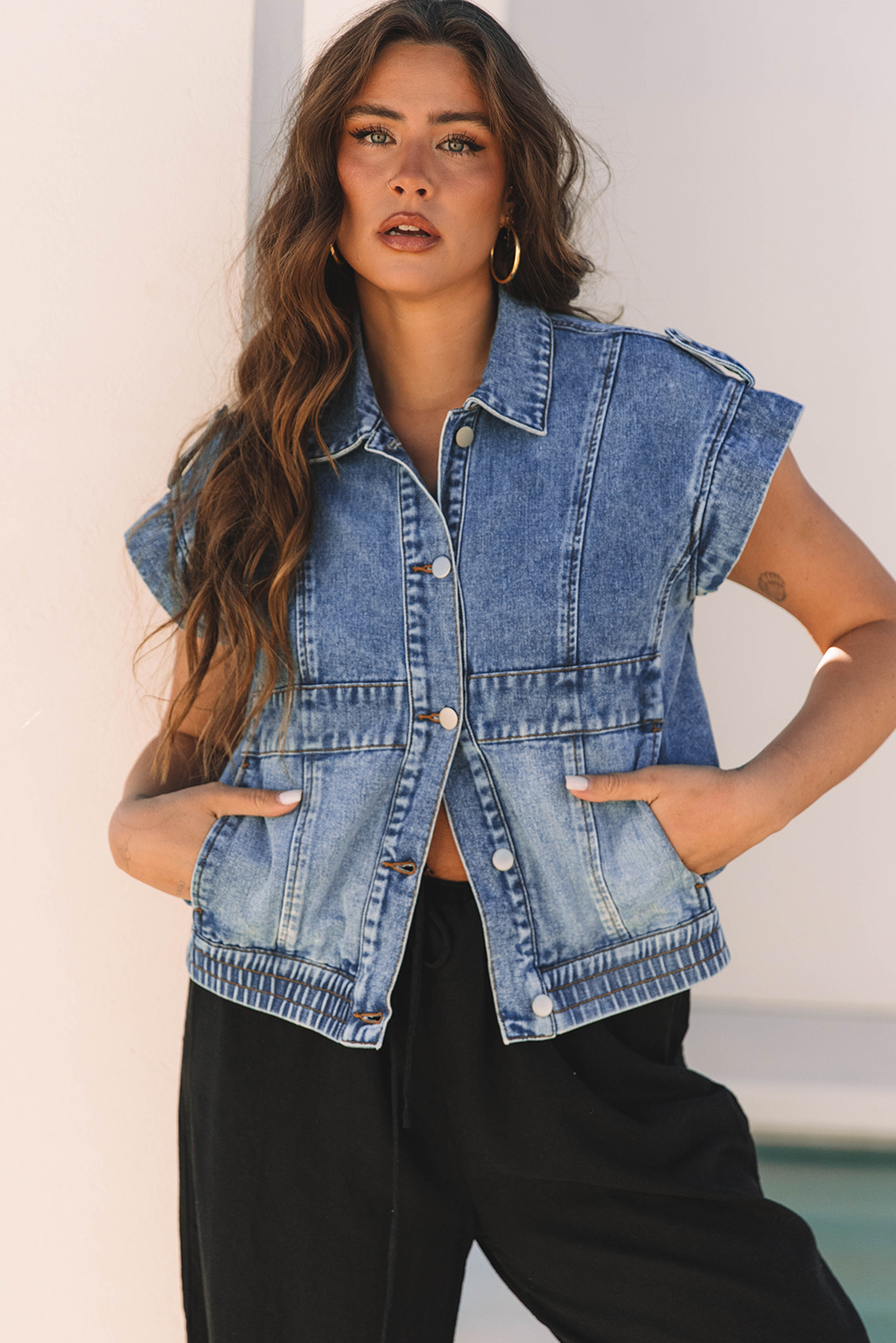 $13.25 Ashleigh Blue Acid Wash Elastic Hem Button Up Denim Vest Wholesale