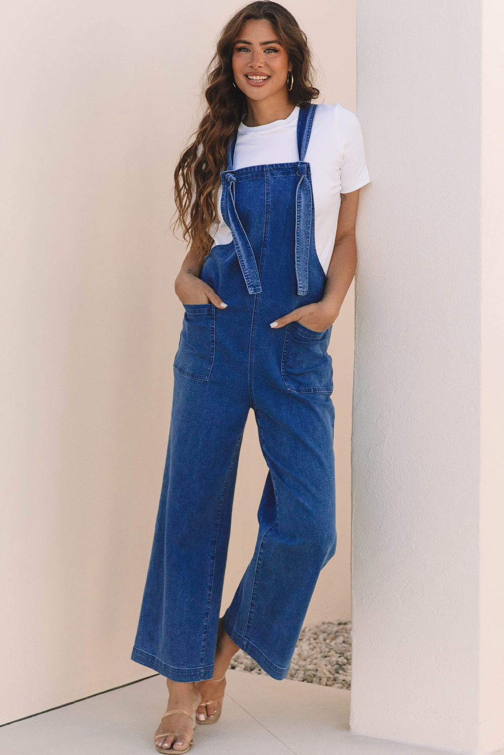 $12.4 Prussian Blue Mineral Wash Knotted Strap Patched Pocket Wide Leg ...