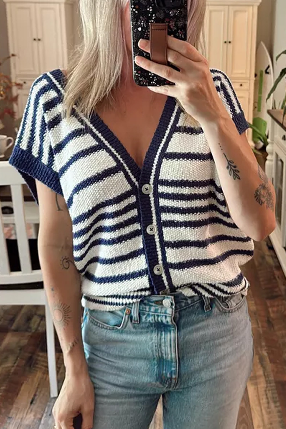 $11.15 Blue Stripe Loose Buttoned V Neck Sweater Vest Wholesale