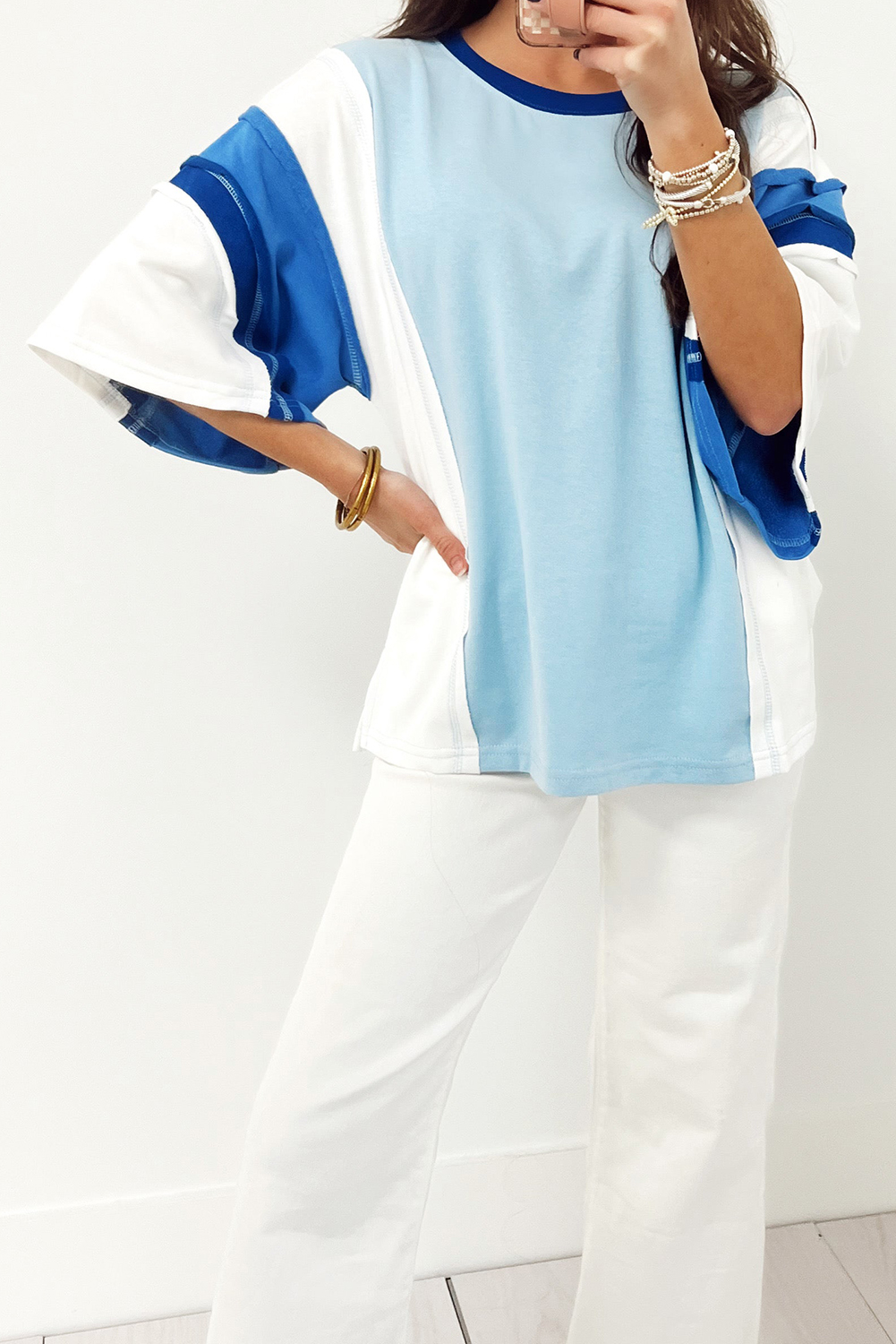 $5.98 Light Blue Colorblock Patchwork Loose Sleeve Crewneck Top Wholesale