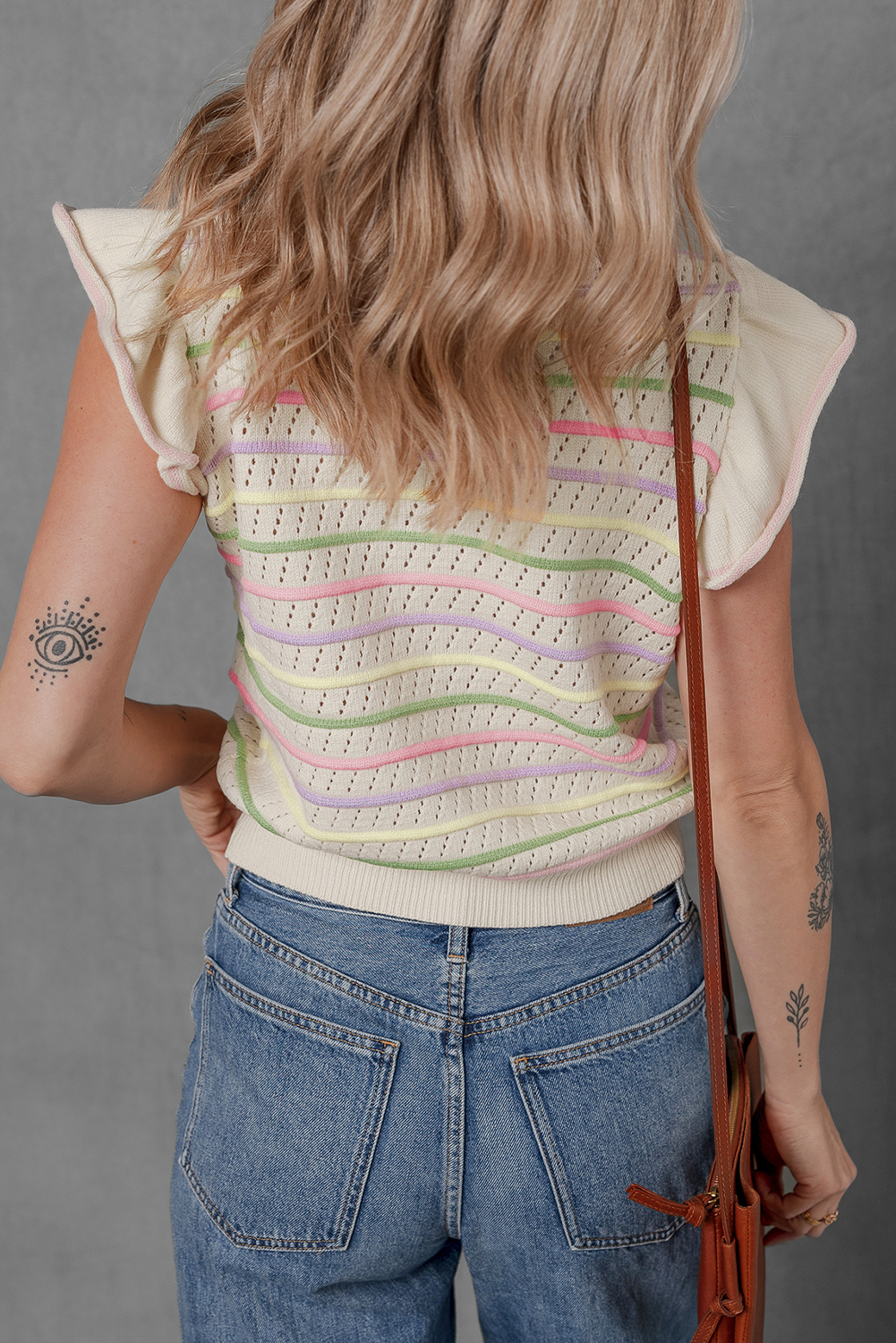 $7.25 Oatmeal Colorful Striped Eyelet Knit Ruffled Sleeve Sweater T ...
