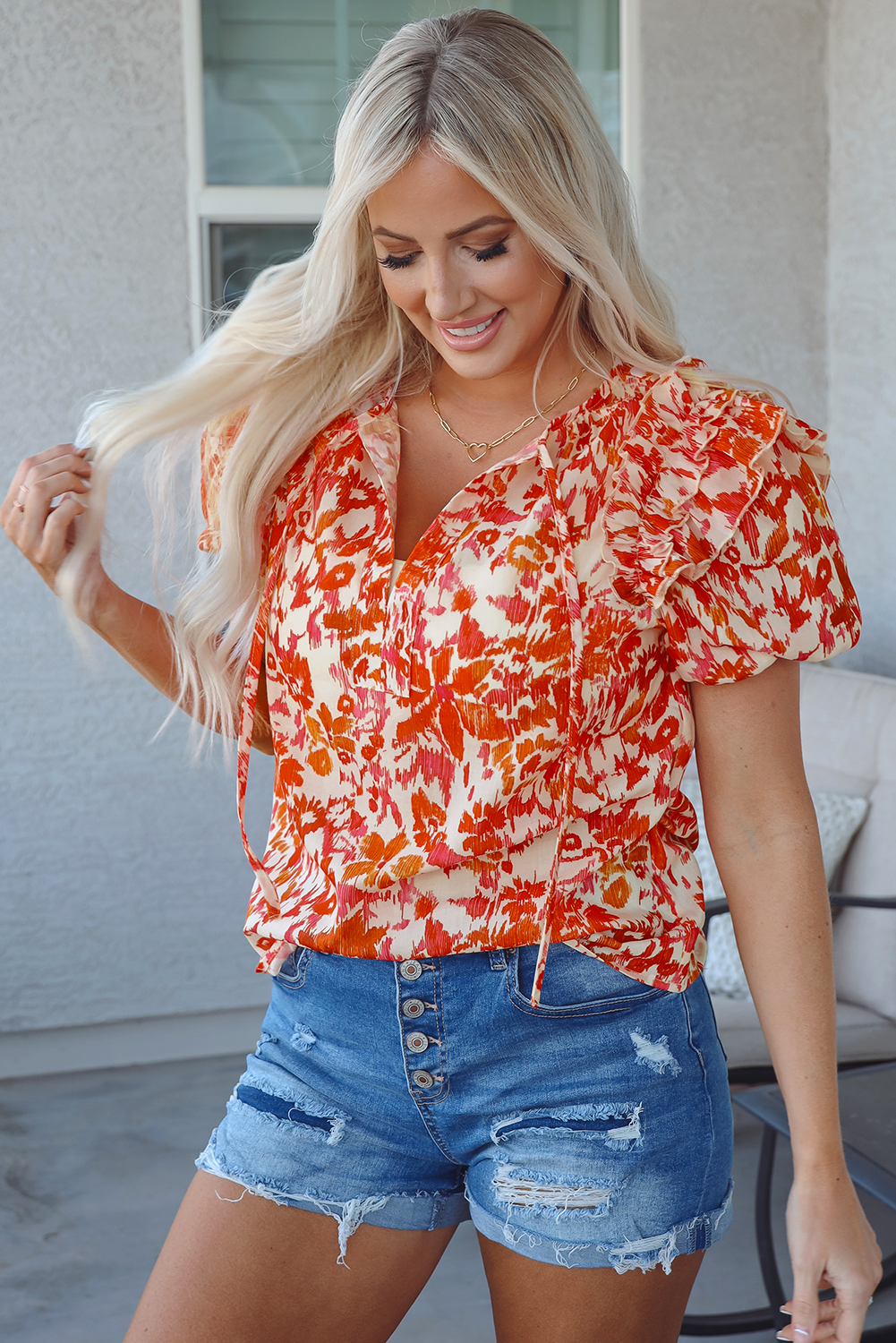 $6.26 Orange Floral Print Ruffled Short Puff Sleeve Split Neck Blouse ...