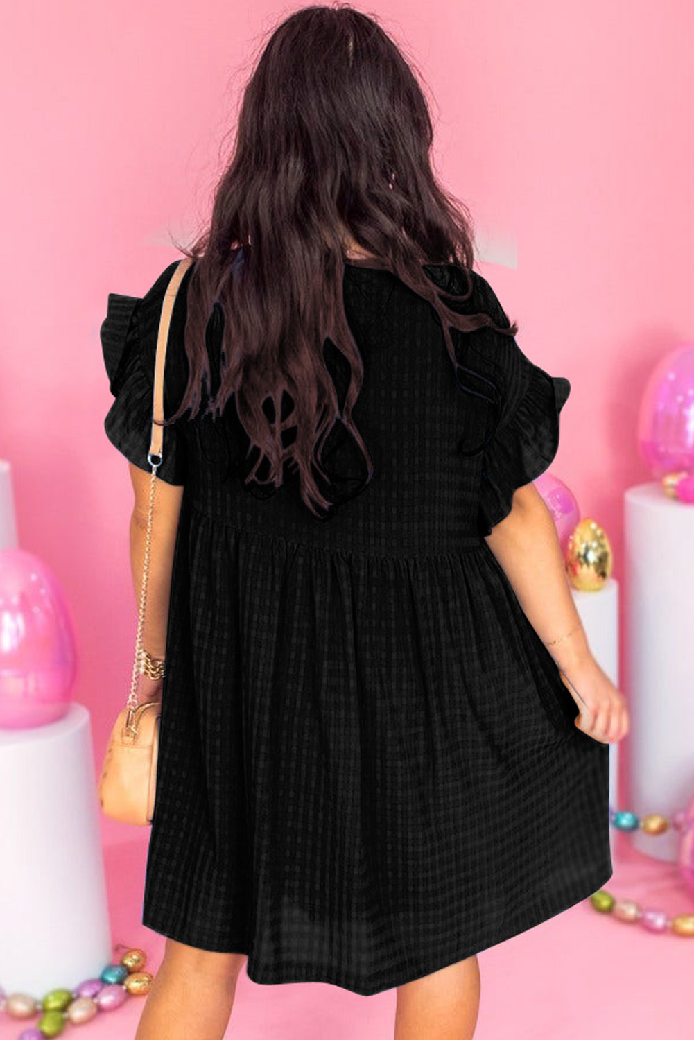 $9.8 Black Textured Ruffled Sleeve Babydoll Plus Dress Wholesale