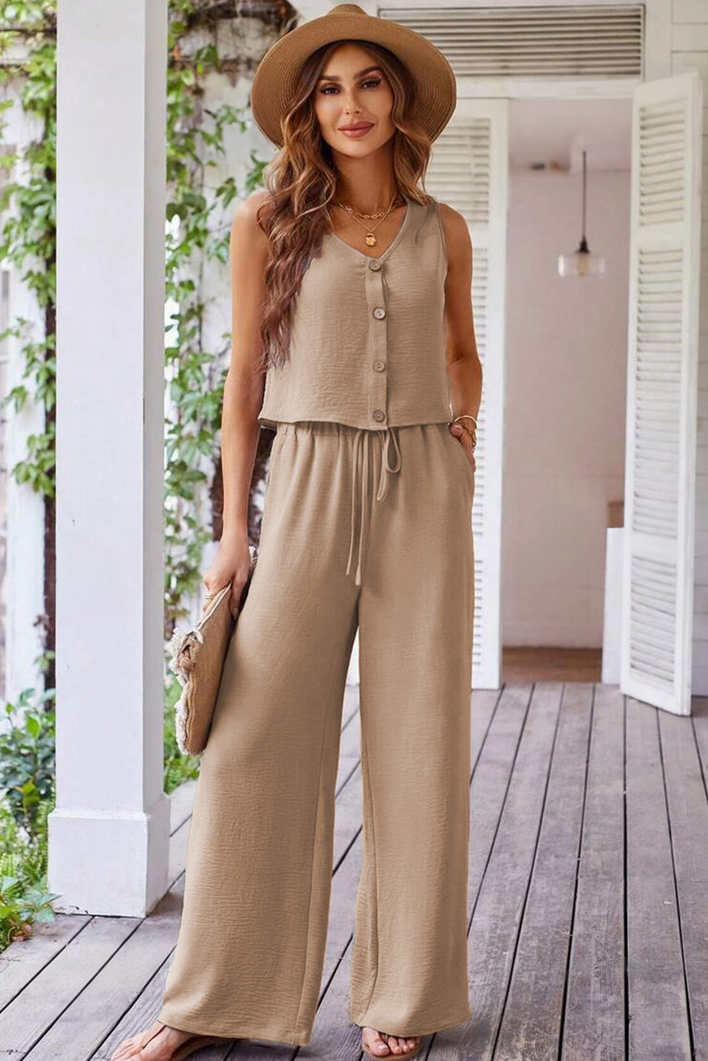 $8.15 Goat Buttoned Vest Drawstring Wide Leg Pants 2pcs Set Wholesale