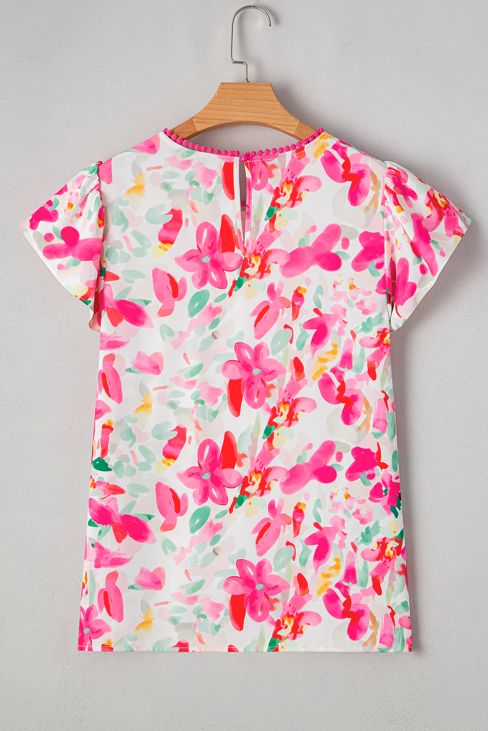 $4 Rose Floral Print Flutter Sleeve Round Neck Casual Blouse Wholesale