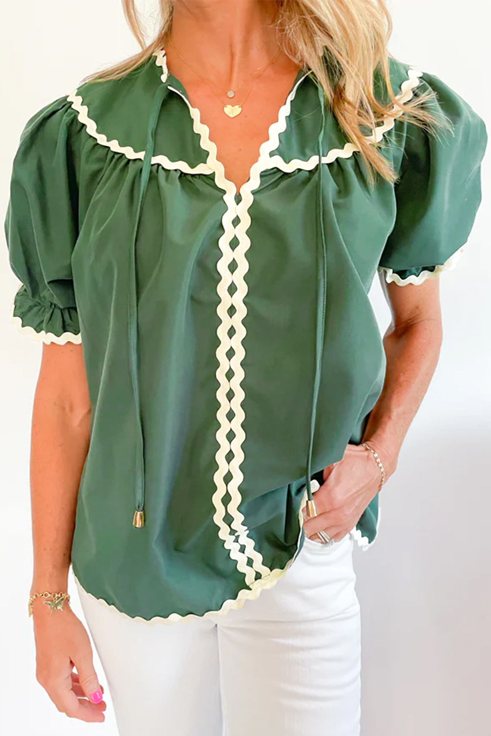$7.75 Mist Green Ric Rac Trim Tie Split Neck Short Sleeve Blouse Wholesale