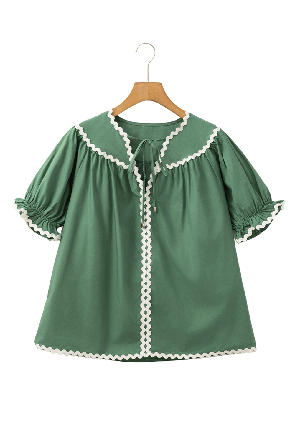 $7.75 Mist Green Ric Rac Trim Tie Split Neck Short Sleeve Blouse Wholesale