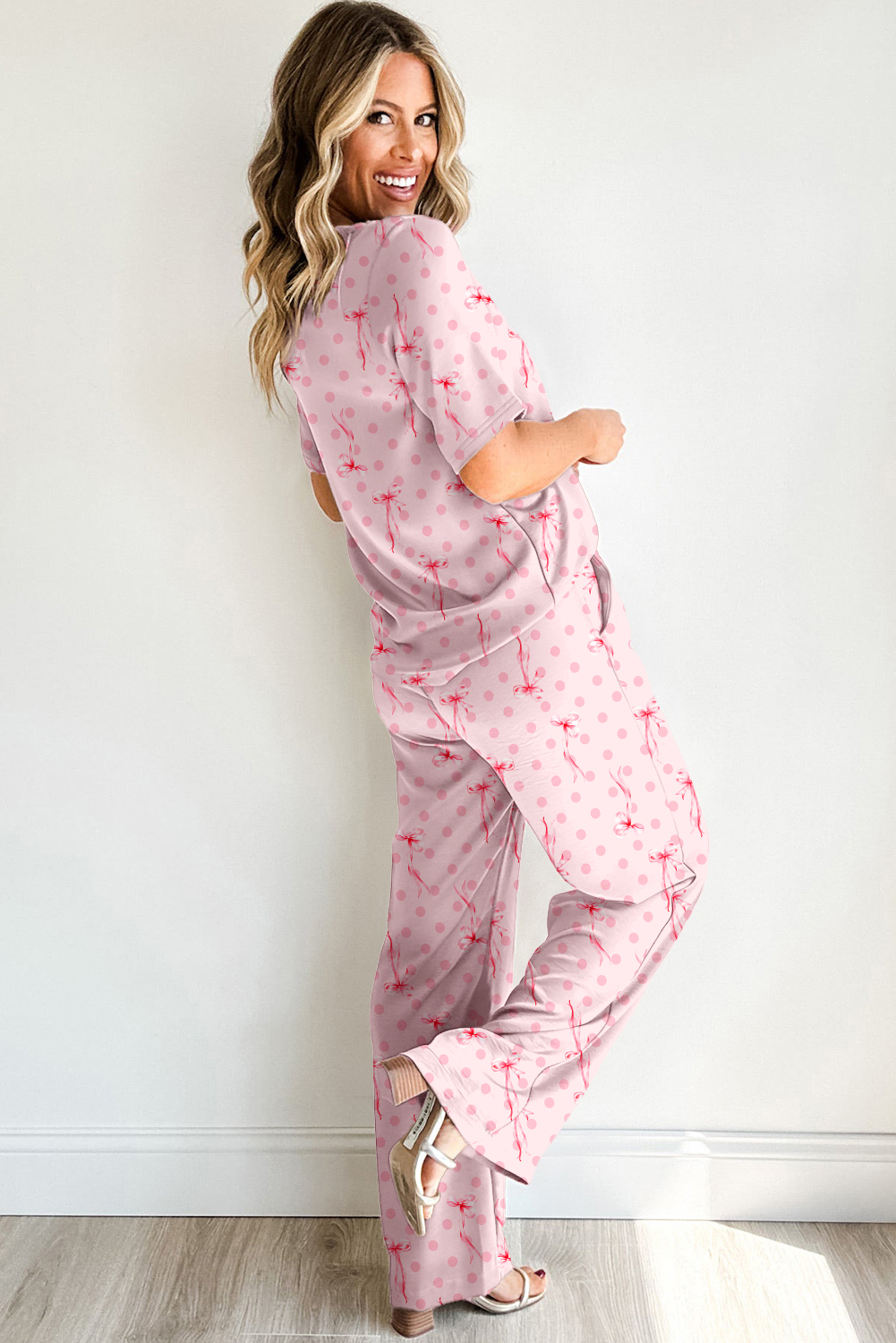 $7.55 Pink Bow Knot Polka Dot Print Short Sleeve Top Lounge Set Wholesale