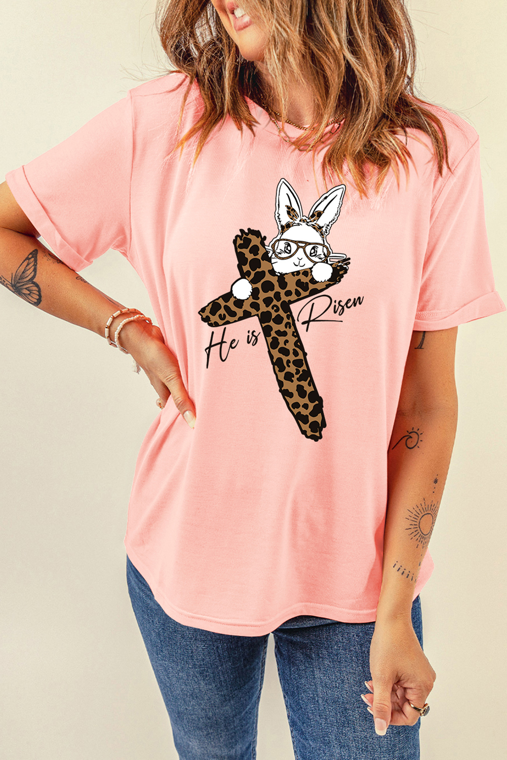 $5.8 Pink He is Risen Easter Bunny Leopard Cross Graphic Tee Wholesale