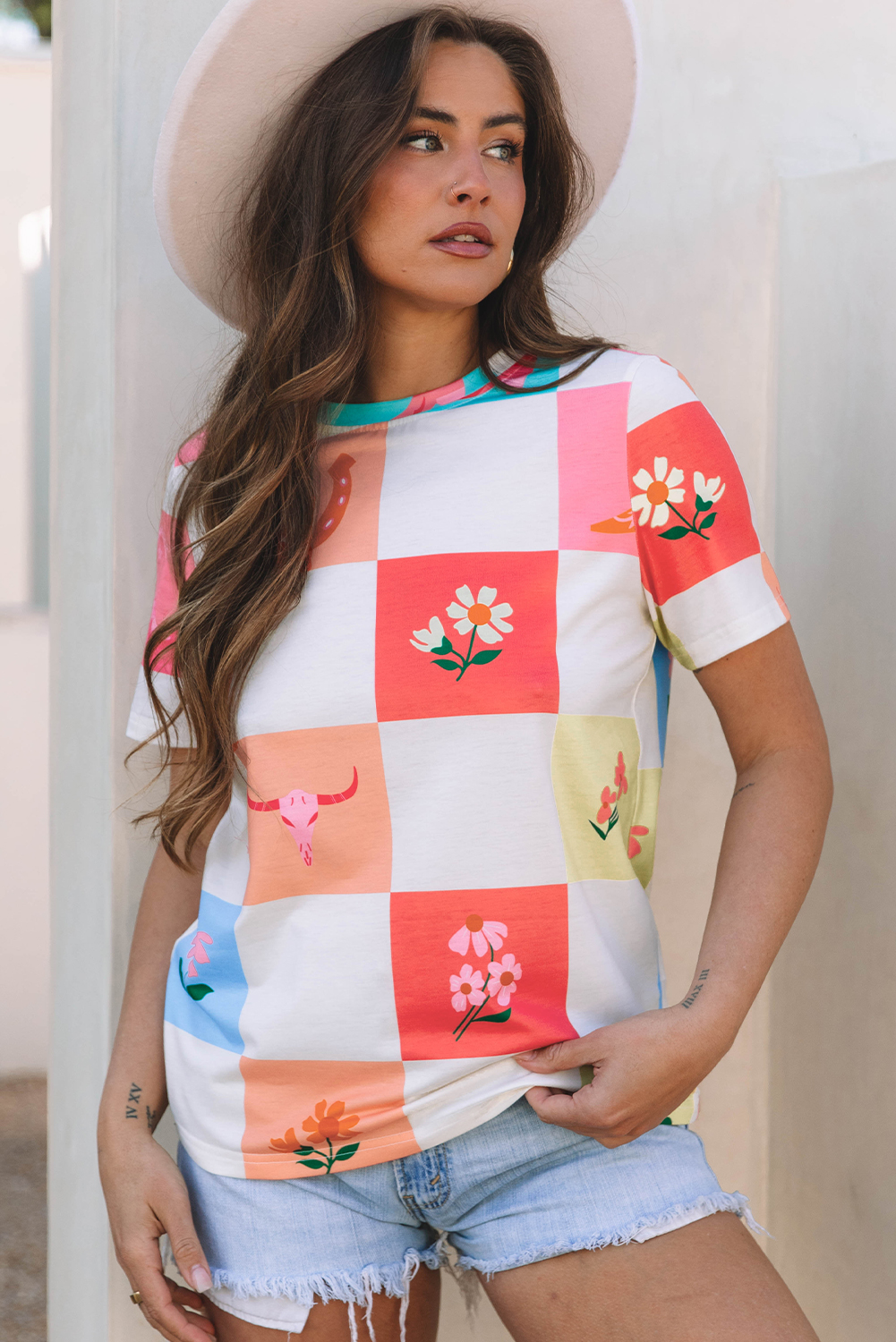 $3.7 Orange Western Fashion Checker Print Crewneck T Shirt Wholesale