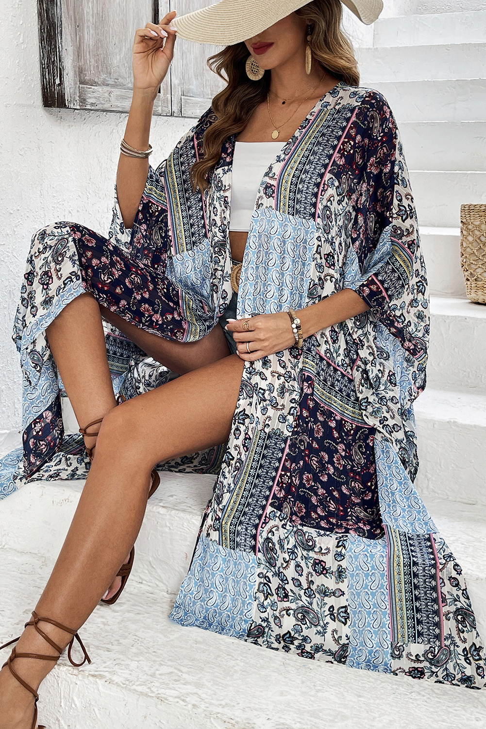 $10.81 Blue Retro Floral Print Long Loose Open Front Kimono Wholesale