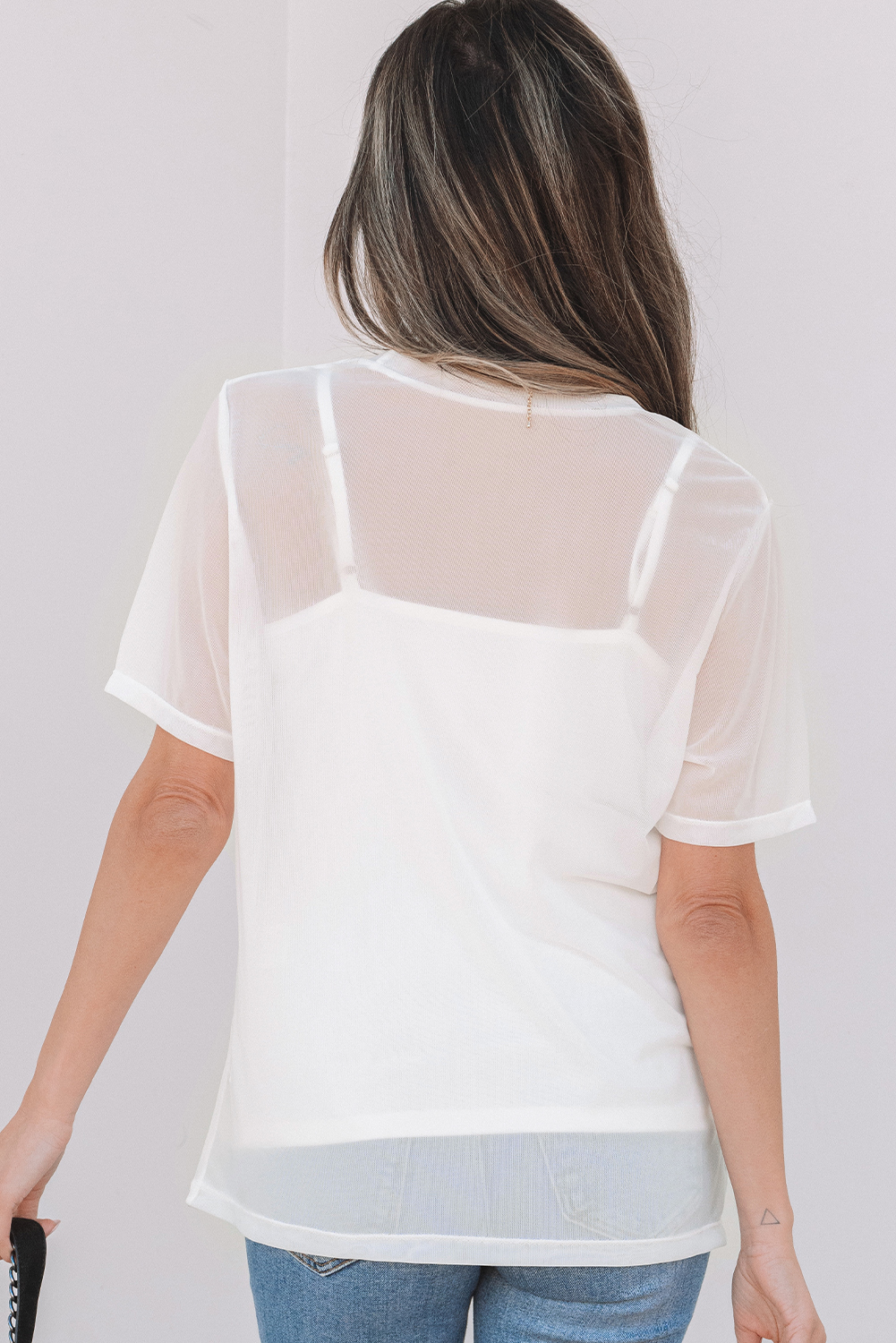$4.45 White Solid Color Sheer Mesh Patchwork Short Sleeve Top Wholesale