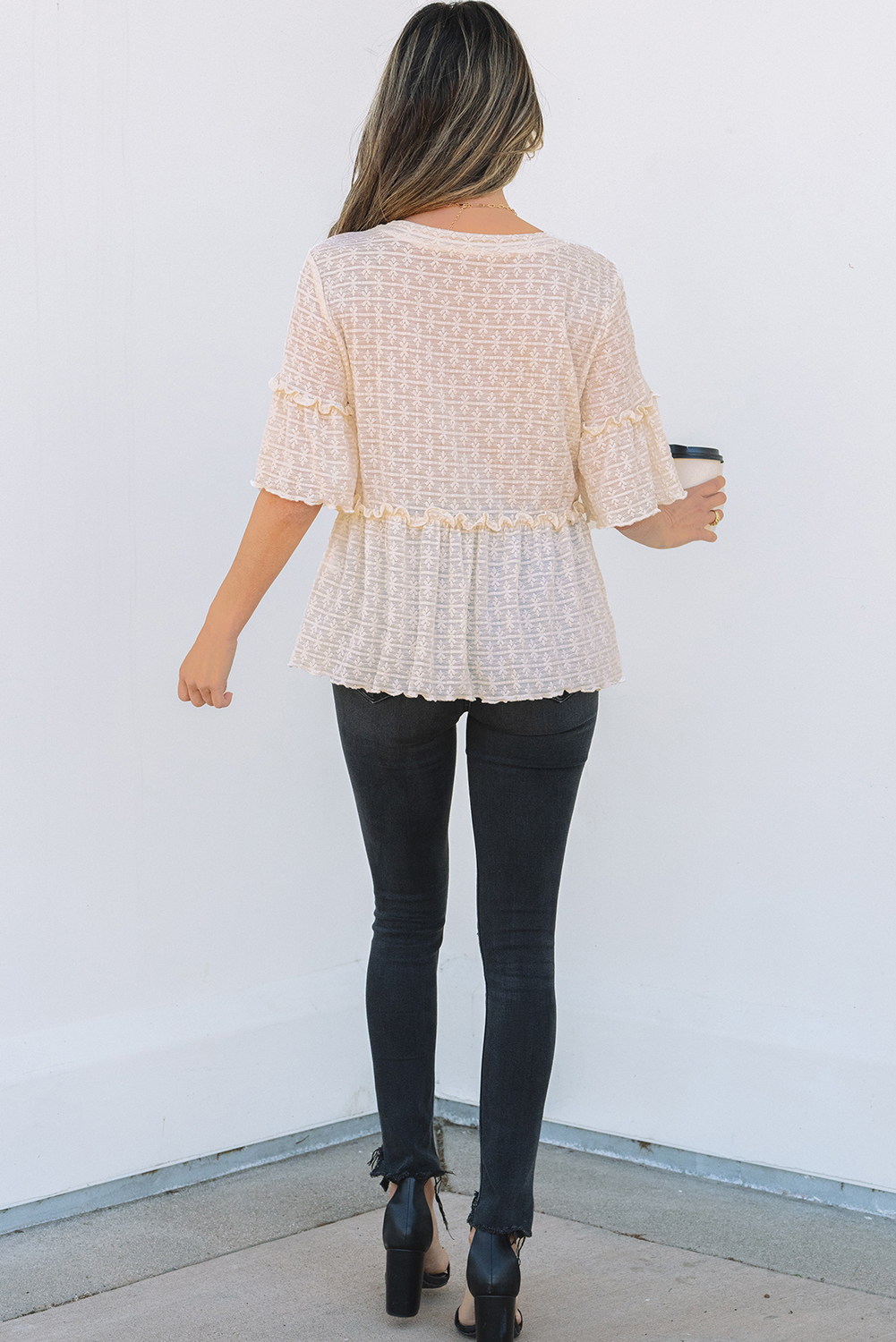 $5.15 Beige Solid Color Textured Ruffled Short Sleeve Blouse Wholesale