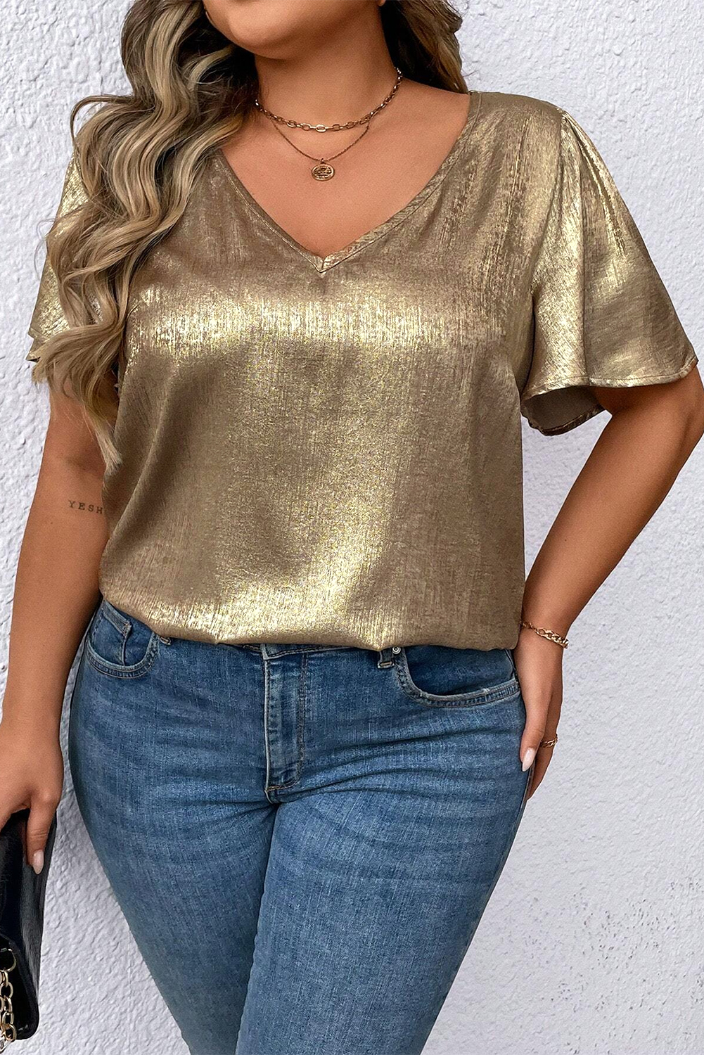 $6.3 Gold Plus Size Metallic V Neck Short Sleeve Blouse Wholesale
