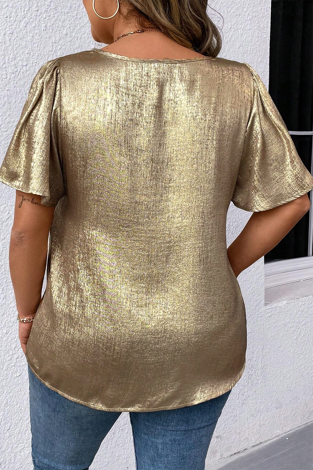 $6.3 Gold Plus Size Metallic V Neck Short Sleeve Blouse Wholesale
