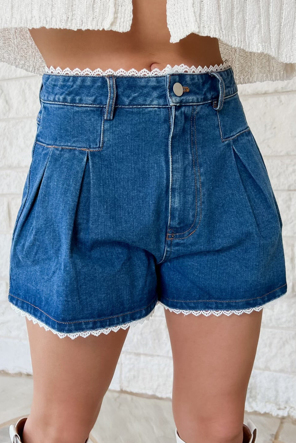 $9.25 Prussian Blue Lace Patchwork Pleated High Waist Denim Shorts ...