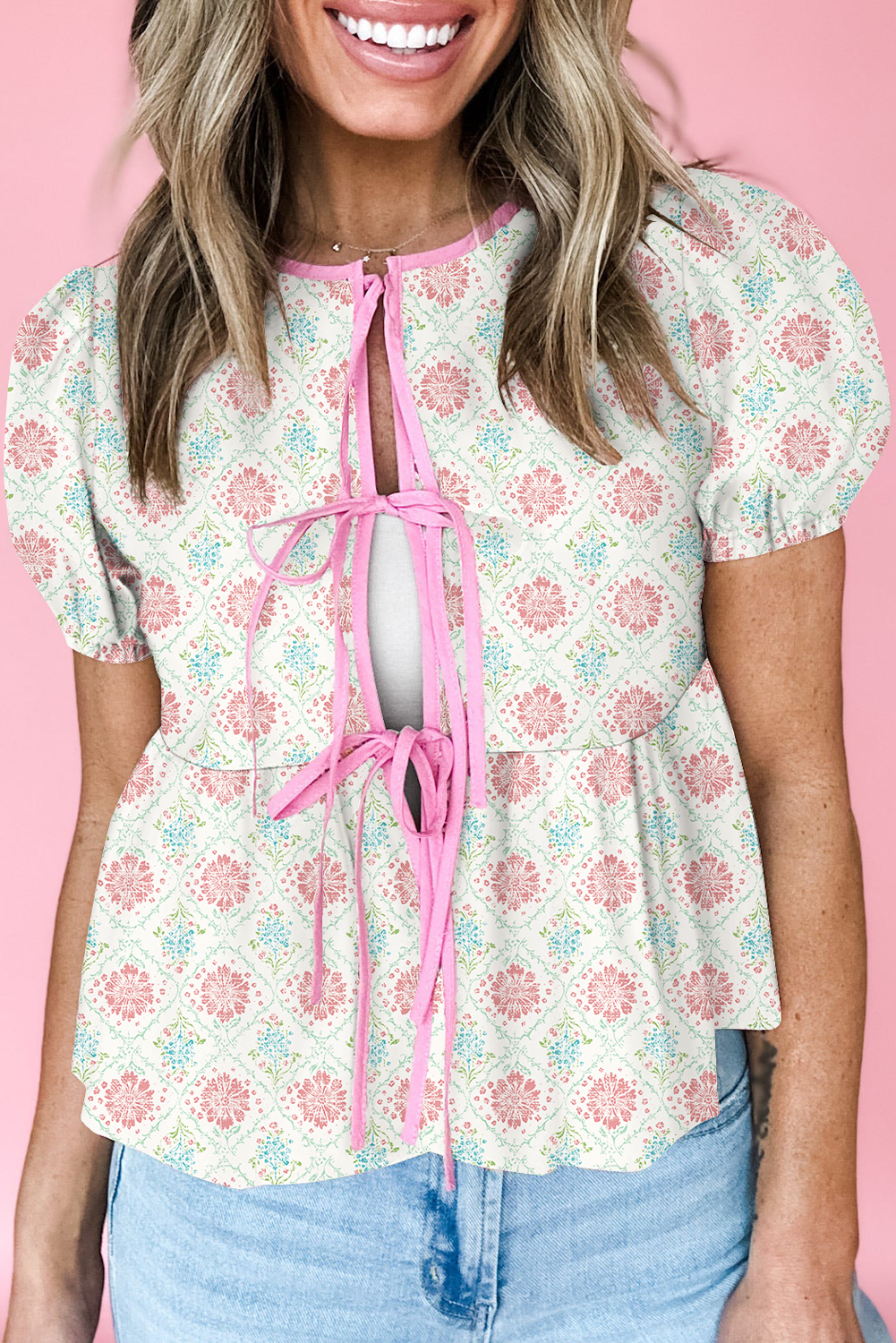 $5.98 Apricot Floral Geometric Print Lace-up Front Puff Sleeve Blouse ...