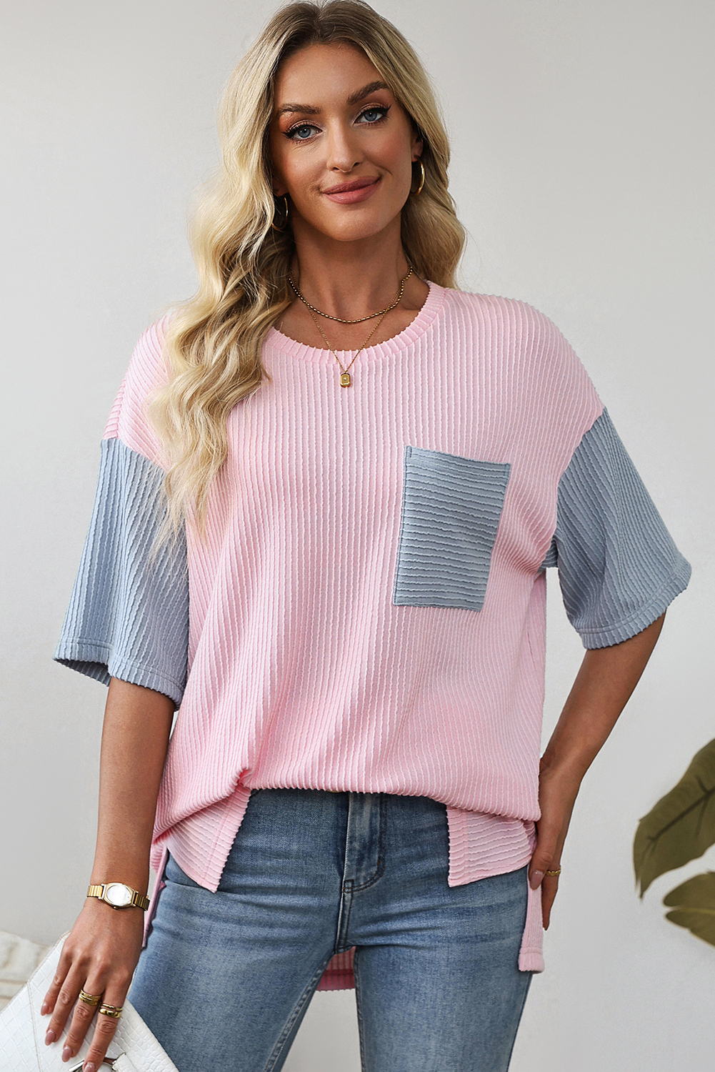 $5.7 Light Pink Color Block Corded Knit Half Sleeve T Shirt Wholesale