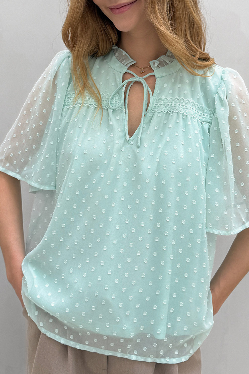 $6.98 Moonlight Jade Swiss Dot Lace up Frilled V Neck Short Sleeve ...